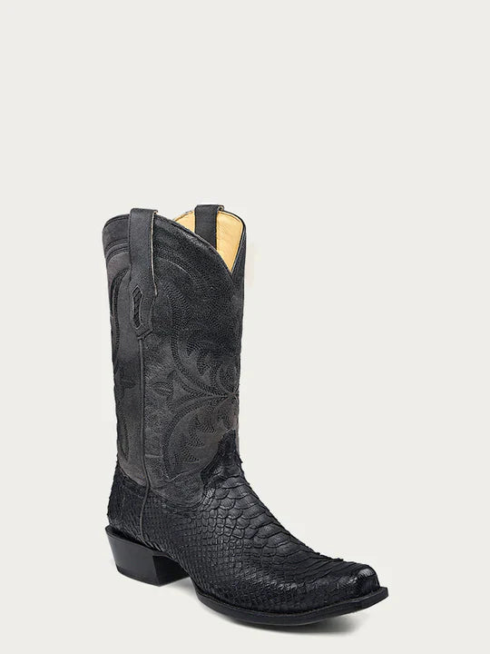 A4551 - MEN'S EMBROIDERY AND GENUINE PYTHON BLACK NARROW SQUARE TOE CO – French's Boots
