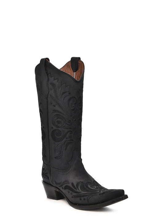 L5433 - WOMEN’S EMBROIDERY BLACK SNIP TOE COWBOY BOOT – French's Boots